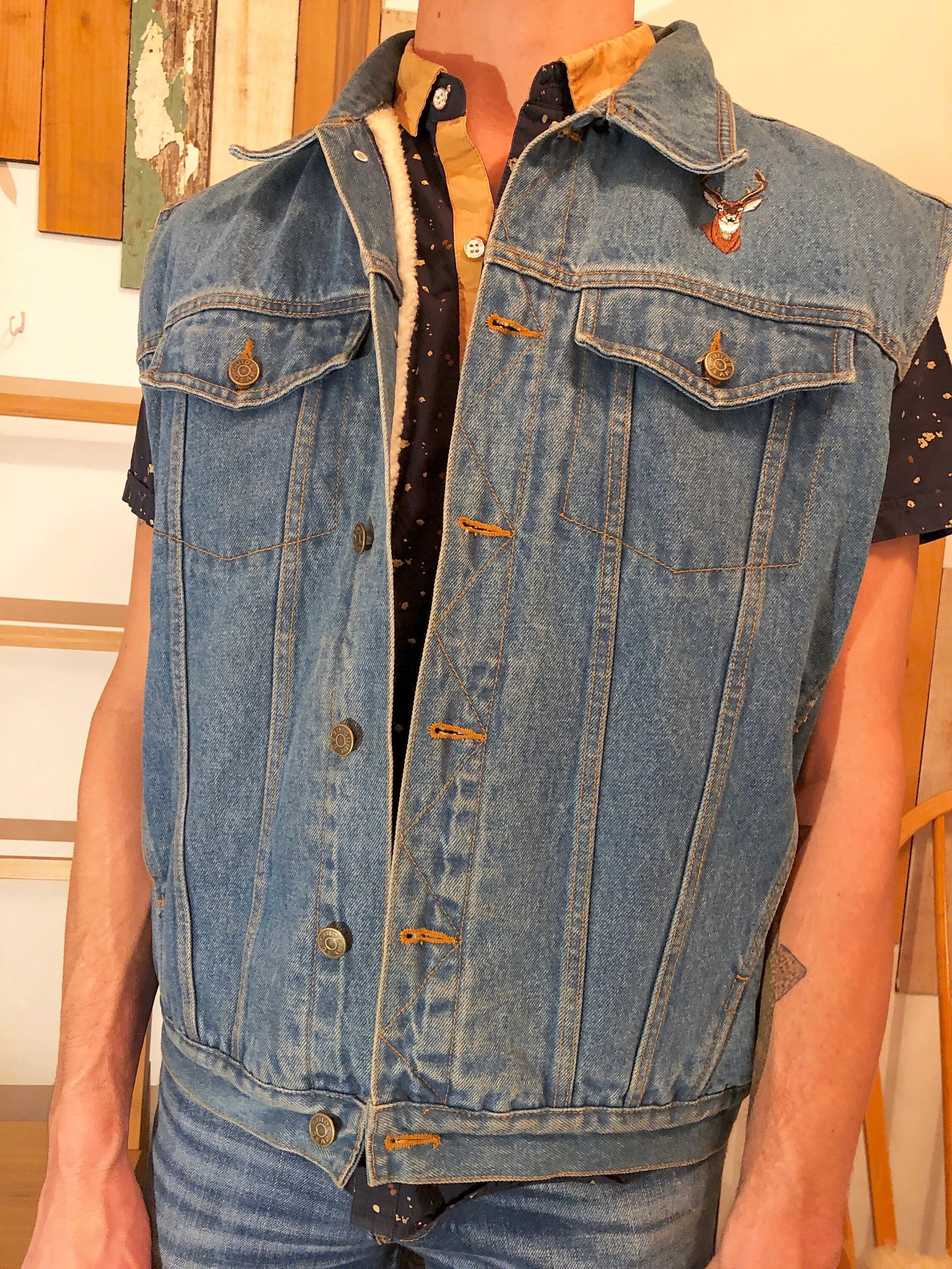 Sheepskin-lined Men's Denim Vest With Buck Head Patch - Etsy
