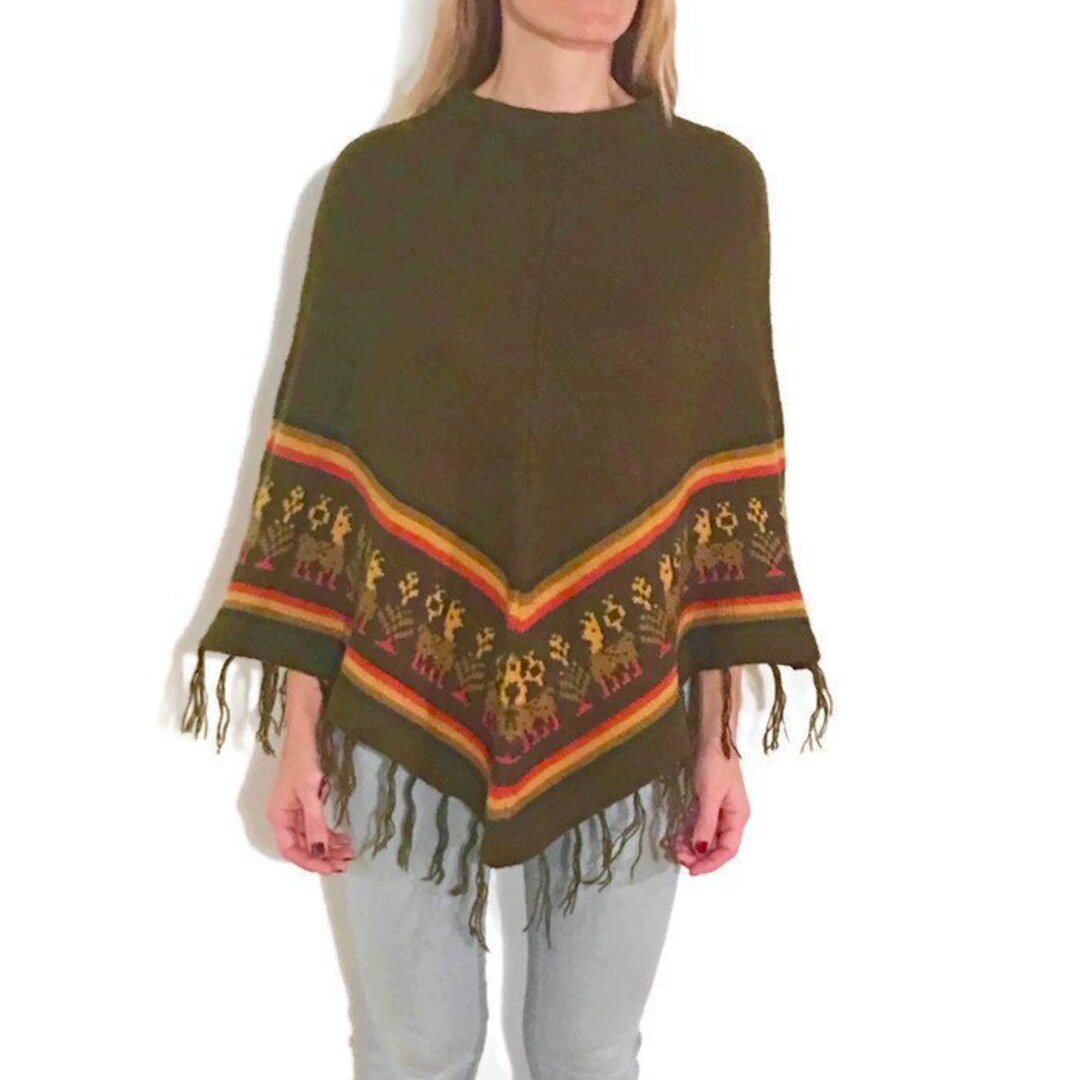FARAH Peruvian Poncho, Soft Material, Forest Green W/ Tribal Reindeer ...
