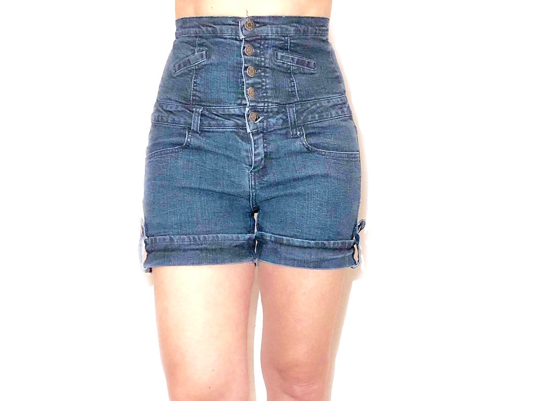 Ultra High Waisted Button-up Dark Denim Jean Shorts With Cuffs and ...