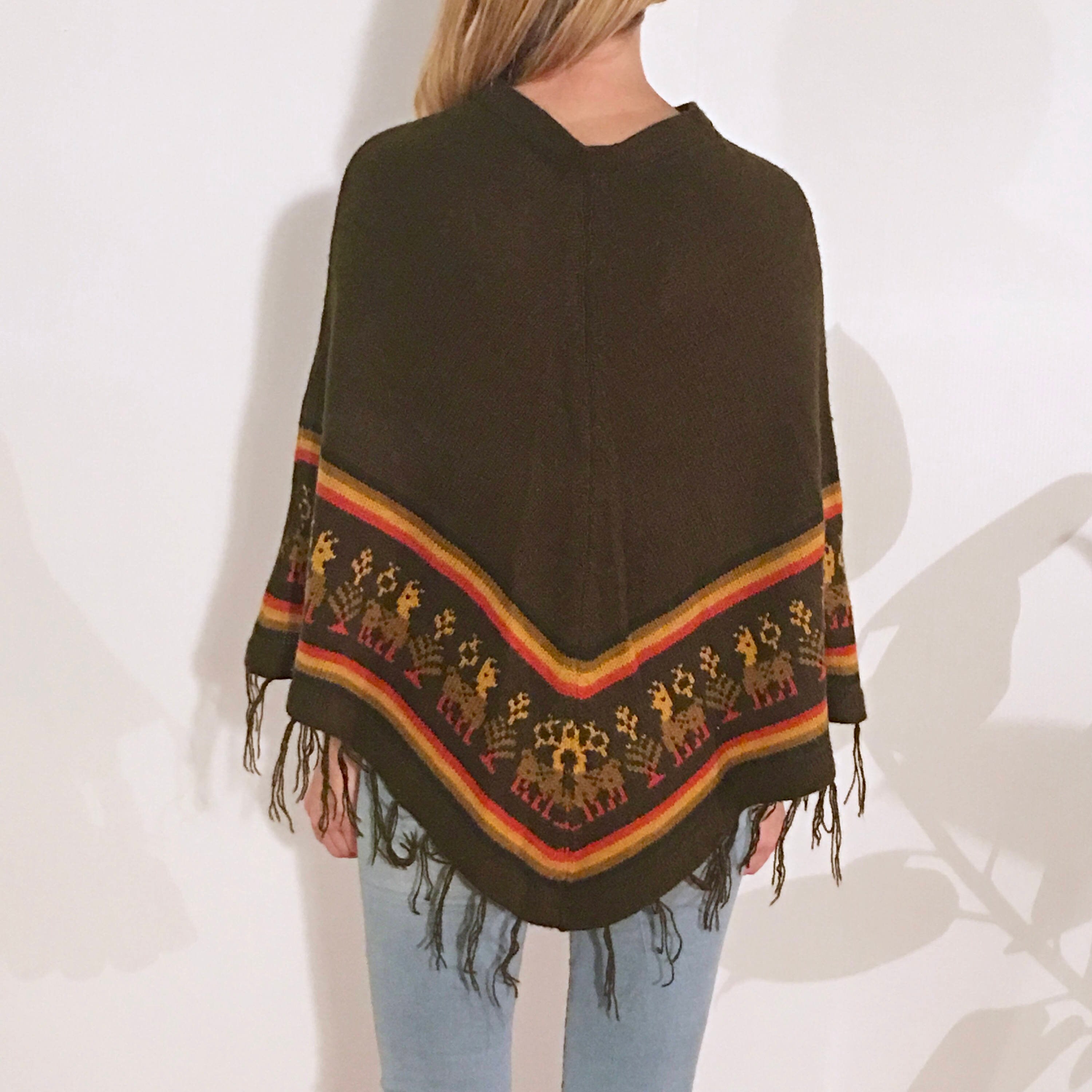 FARAH Peruvian Poncho, Soft Material, Forest Green W/ Tribal Reindeer ...