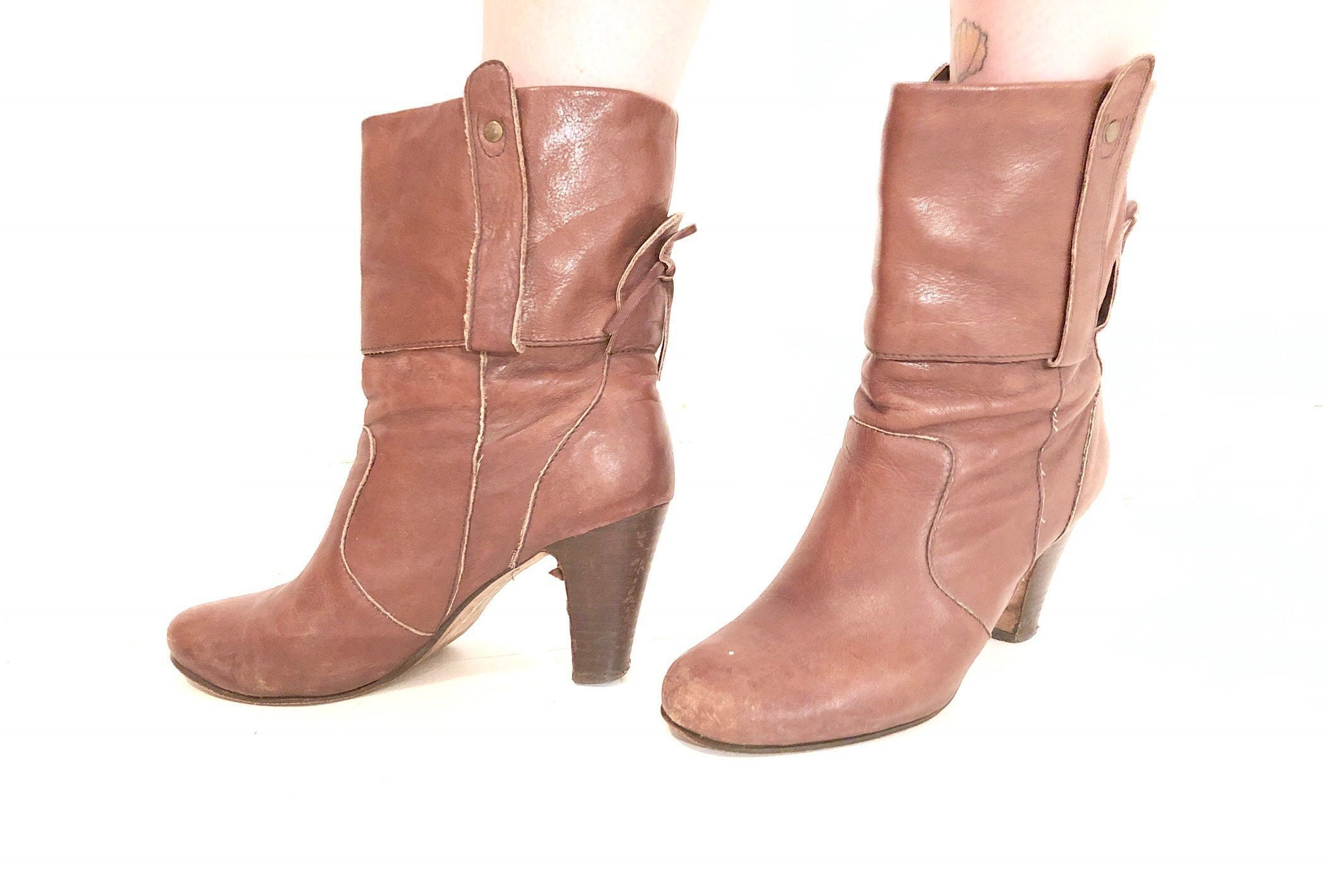 Red-brown Leather High Heeled Fold-over Slouch Calf Boots W/ Decorative ...