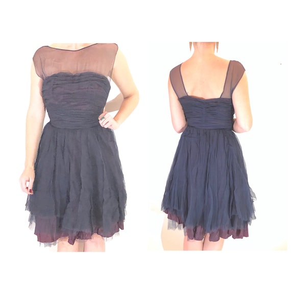 1950s Navy Prom Dress, Structured Strapless Ruched Bo… - Gem