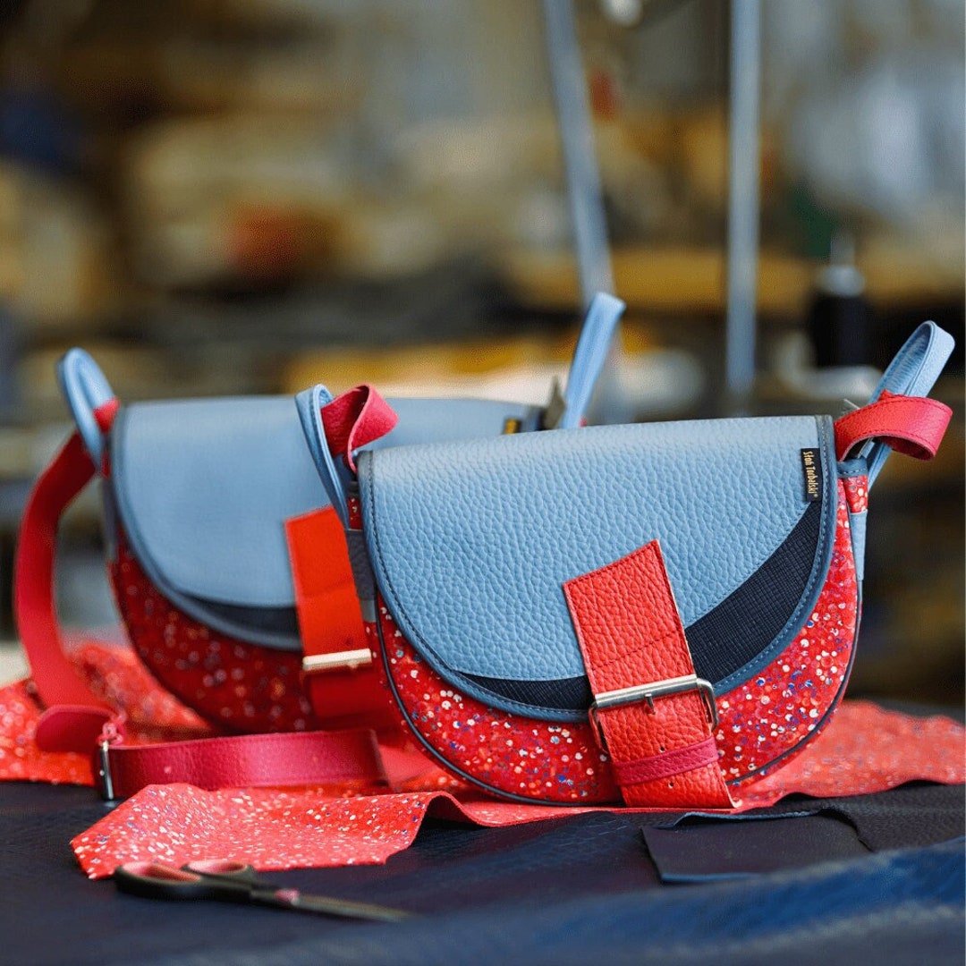 Two Color Leather Purse Women, Red and Blue Leather Crossbody Bag ...