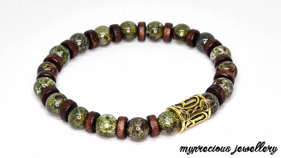 Natural Dragon Bloodstone Viking Rune Celtic Rosewood Bracelet 8 Mm ...