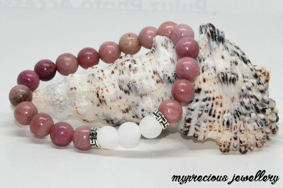 Natural Rhodonite White Frost Agate Gemstone Bracelet 8 mm | Etsy