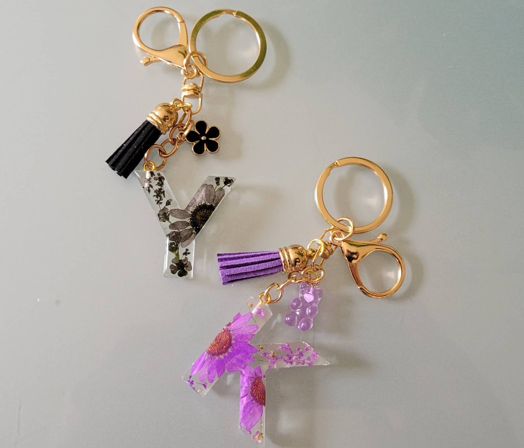 Resin Initial Keychain: Personalized Letter With Flowers & Tassel - Etsy