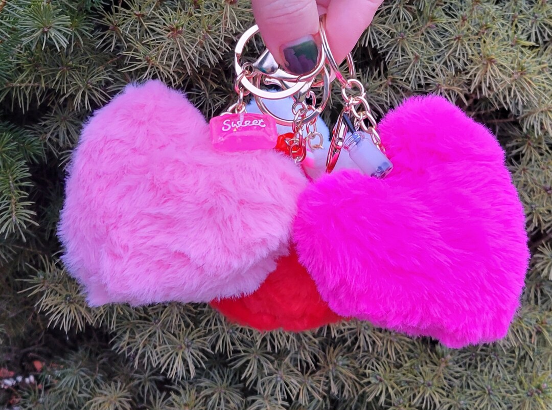 Heart I Love You Keychain! Cute, Pink, Heart Pom Pom Puff Keychain With ...