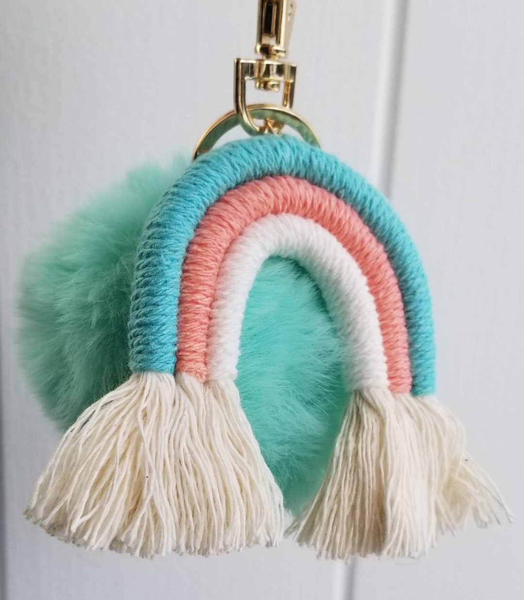Rainbow Boho Bohemian Macrame Keychain | Pompom Puff | Keychain ...