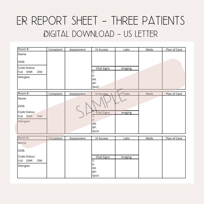 ER Patient Report Sheet Digital Download - Etsy