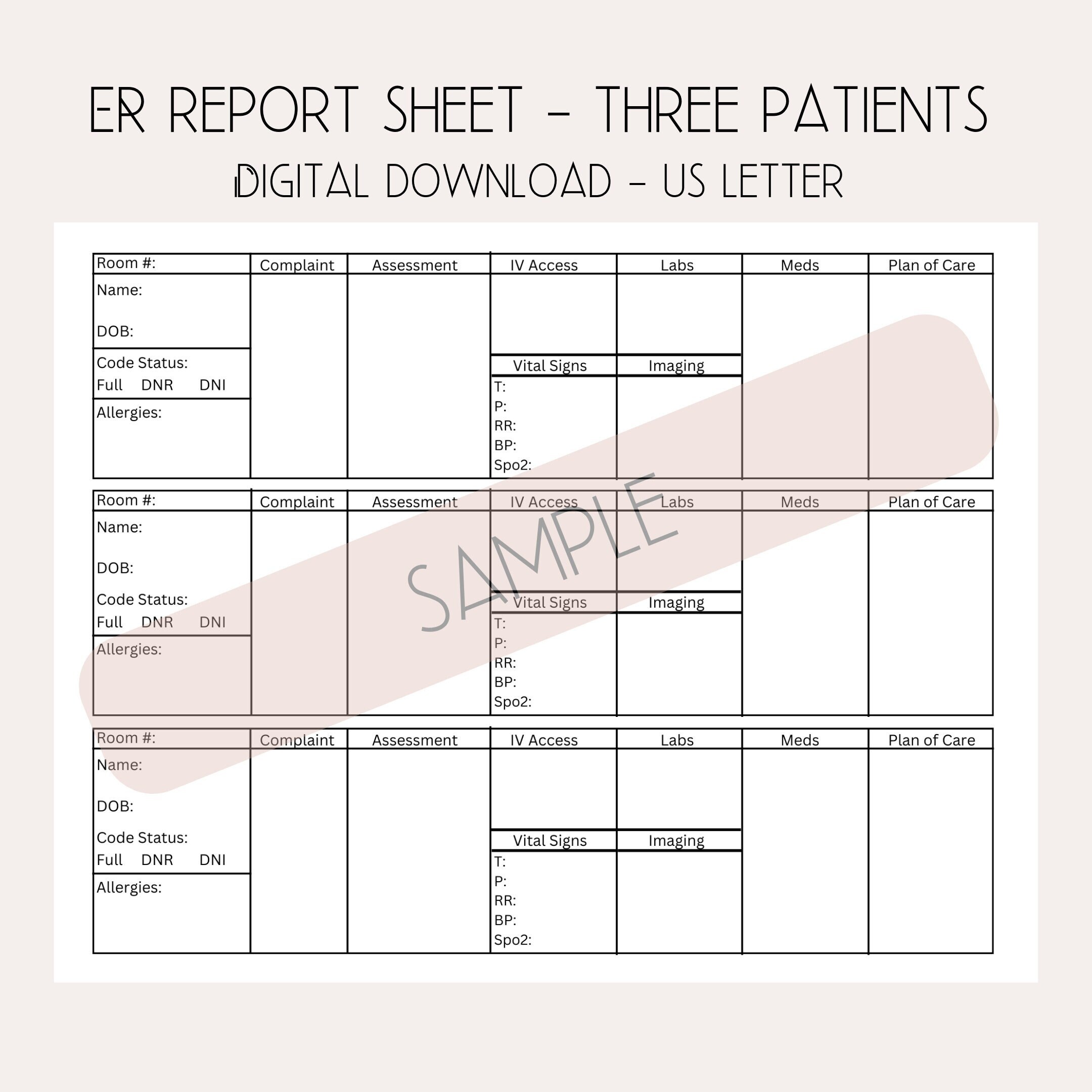 ER Patient Report Sheet Digital Download - Etsy
