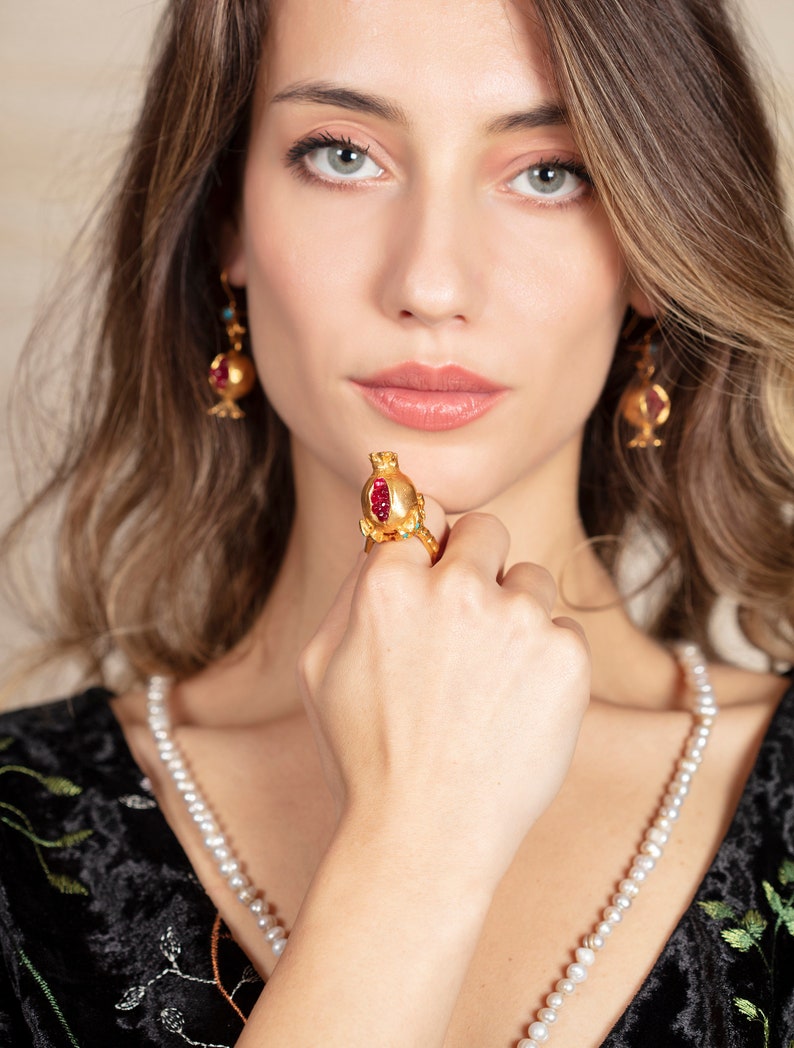 Handmade Pomegranate Design Ring, Turquoise, Garnet ,pomegranate ...