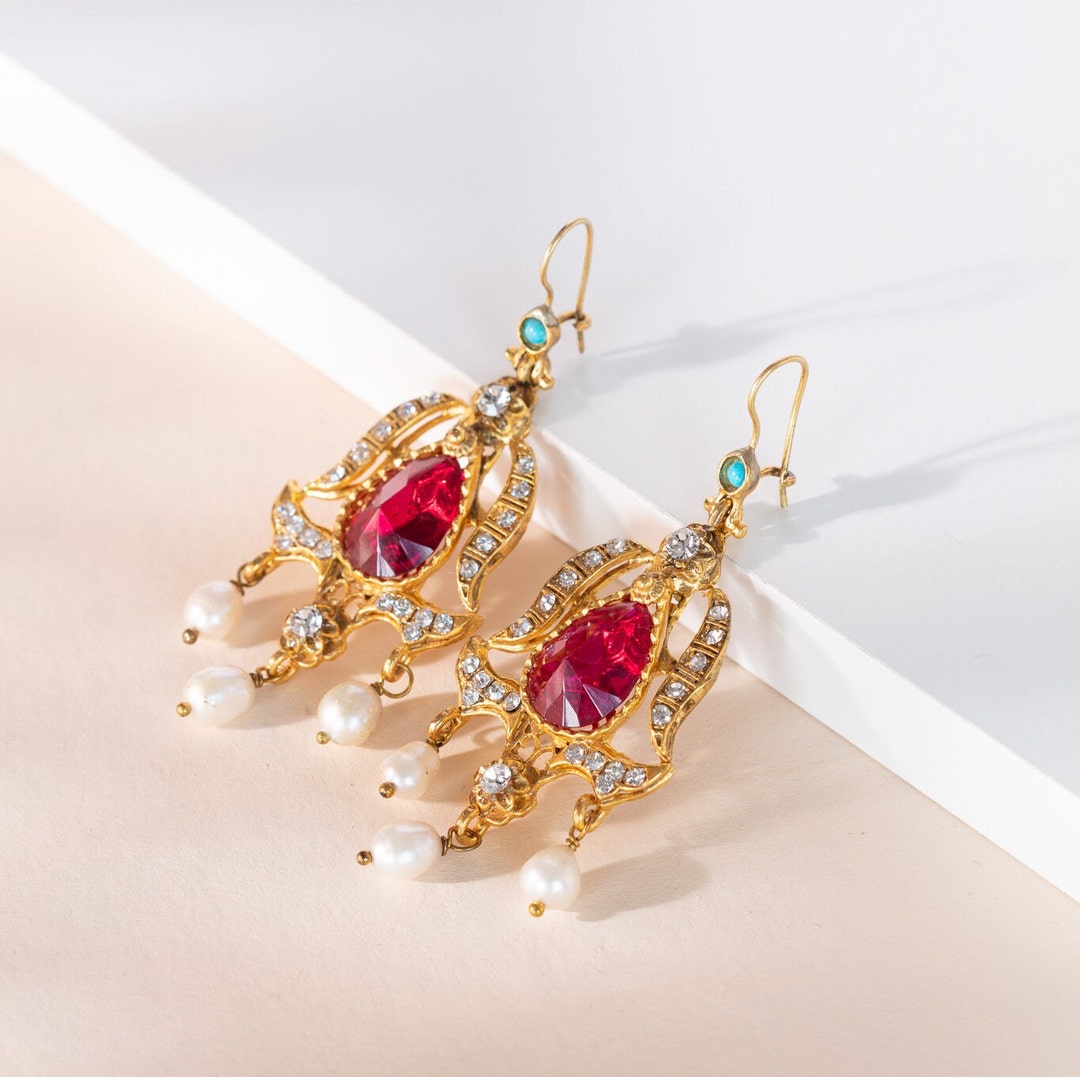 Red Rococo Earring, Gold Dangle Earring, 19th Century Earring, Red ...