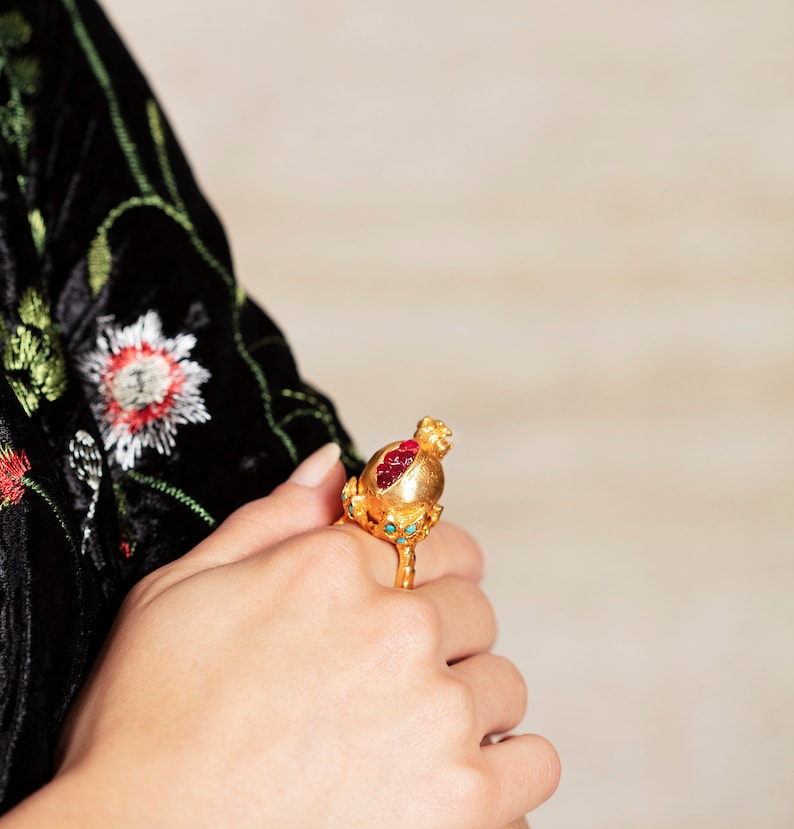 Handmade Pomegranate Design Ring, Turquoise, Garnet ,pomegranate ...