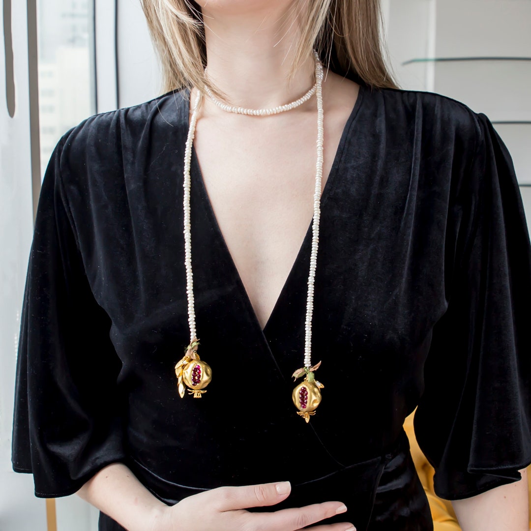 Pomegranate Design Tie Style Necklace,handmade Jewelry, Pearl Necklace ...
