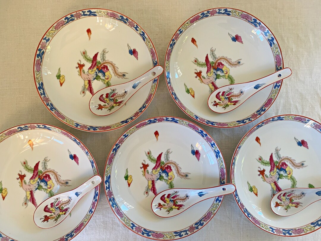 Chinese Phoenix Dinnerware Set, 5 Bowls and 5 Spoons , Lunar New Year ...