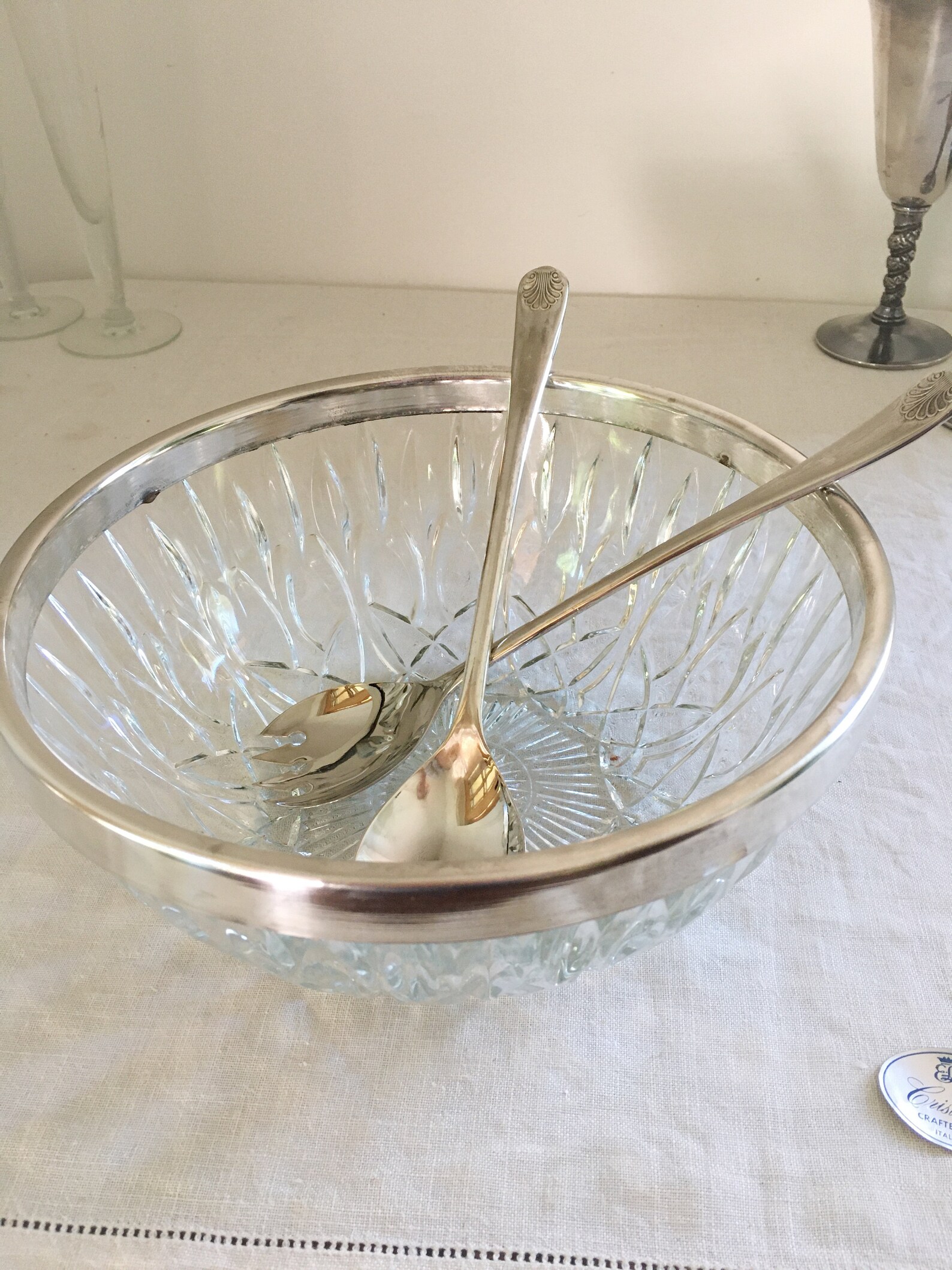 Crystal Salad Bowl With Silverplate Rim and Matching Tongs | Etsy
