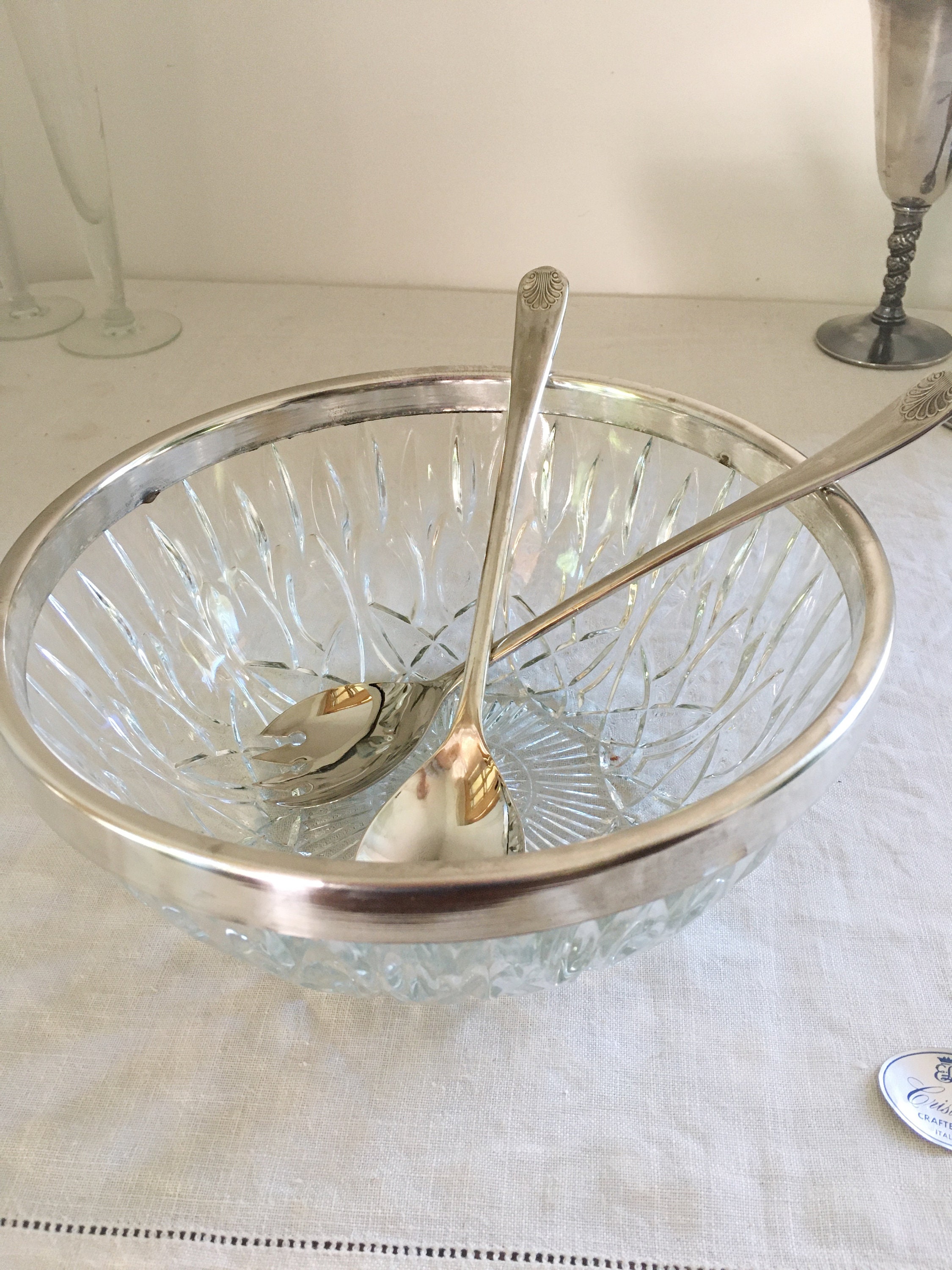 Crystal Salad Bowl With Silverplate Rim and Matching Tongs - Etsy