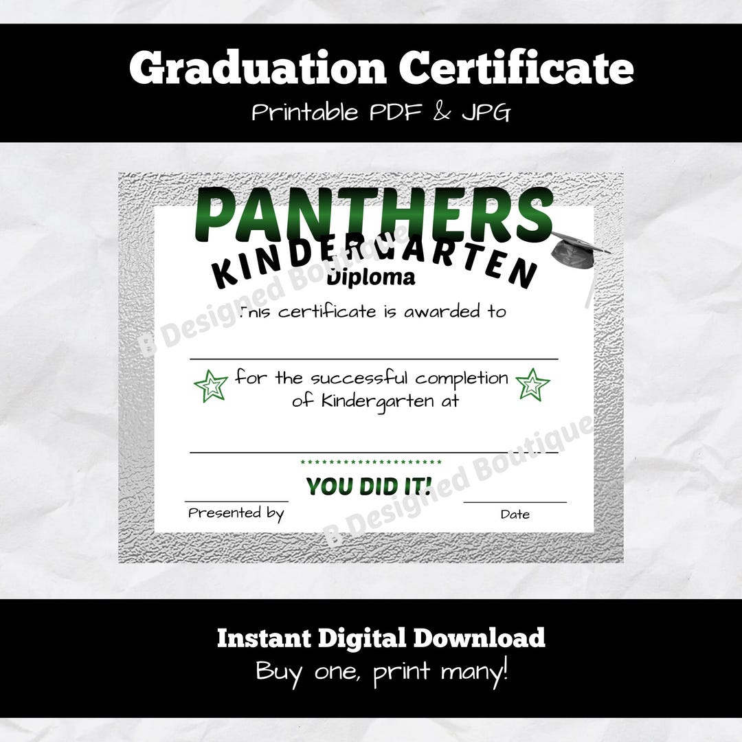 Green Panthers Kindergarten Graduation Certificate Teacher Printable ...