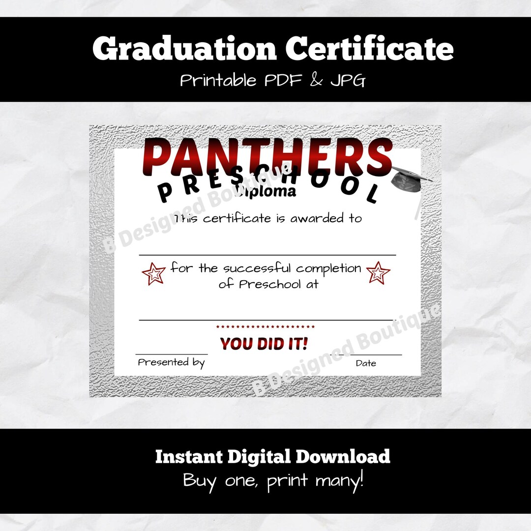 Red Panthers Preschool Graduation Certificate Teacher Printable Border ...