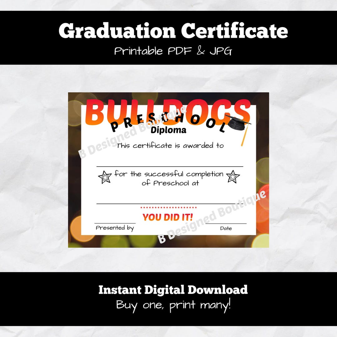 Red Bulldogs Preschool Graduation Certificate Teacher Printable Border ...