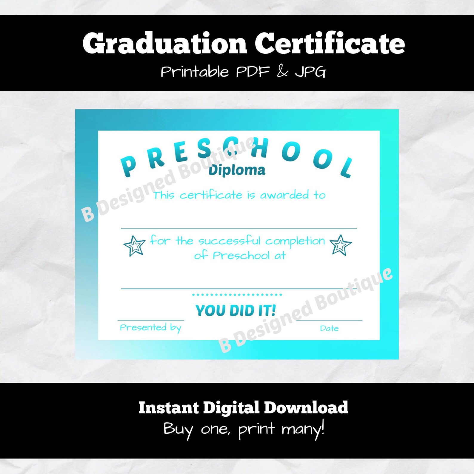 Teal Preschool Graduation Certificate Teacher Printable Border School ...