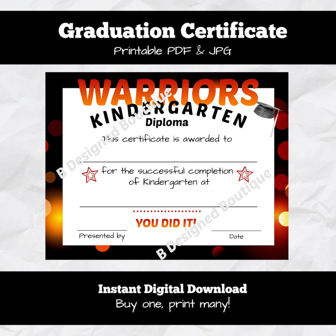 Red Warriors Kindergarten Graduation Certificate Teacher Printable ...