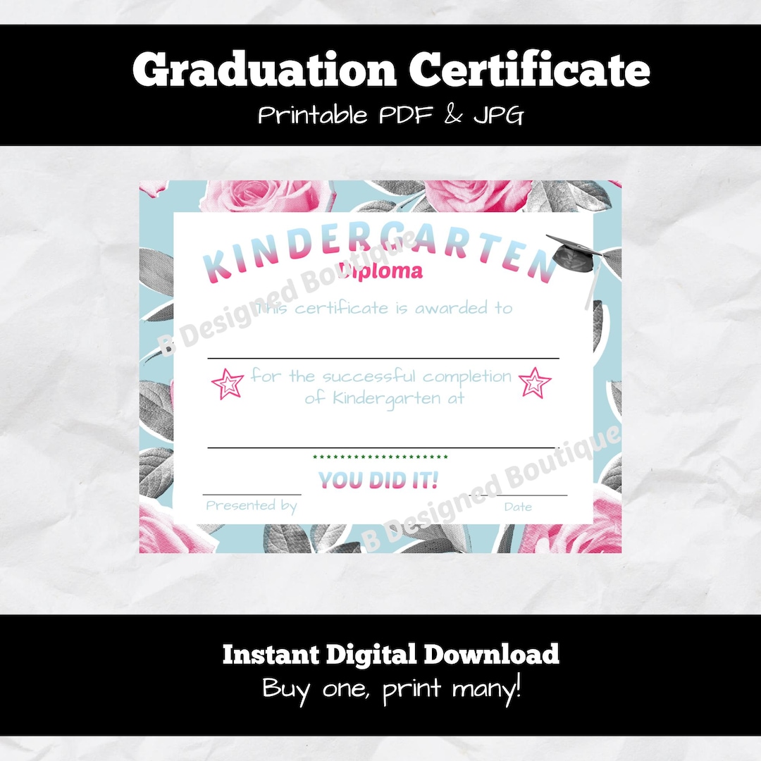 Pink Roses Kindergarten Graduation Certificate Teacher Printable Border ...