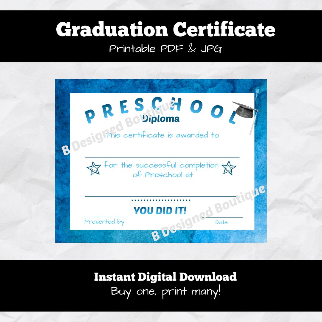Blue Watercolor Preschool Graduation Certificate Teacher Printable ...