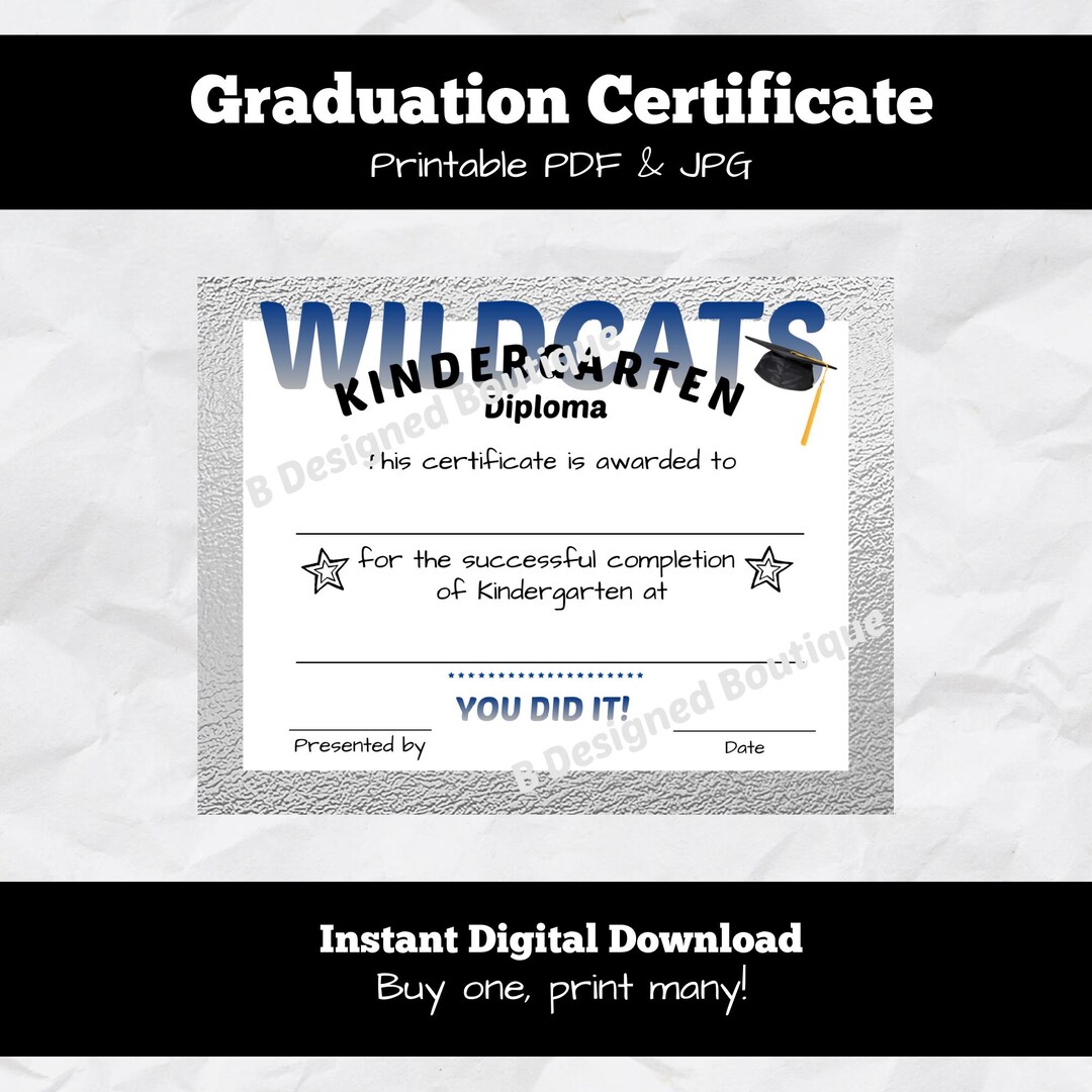 Blue Wildcats Kindergarten Graduation Certificate Teacher Printable ...