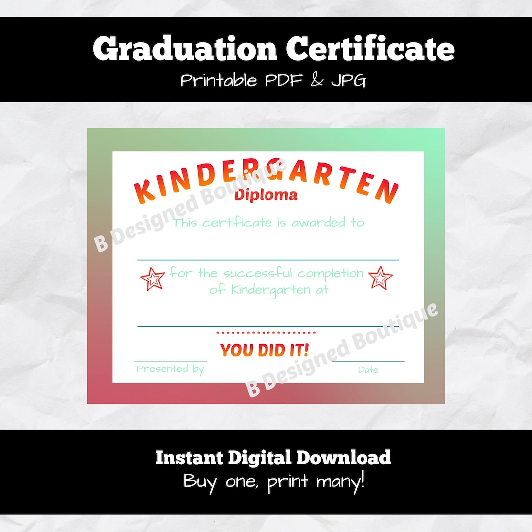 Watercolor Kindergarten Graduation Certificate Teacher Printable Border ...