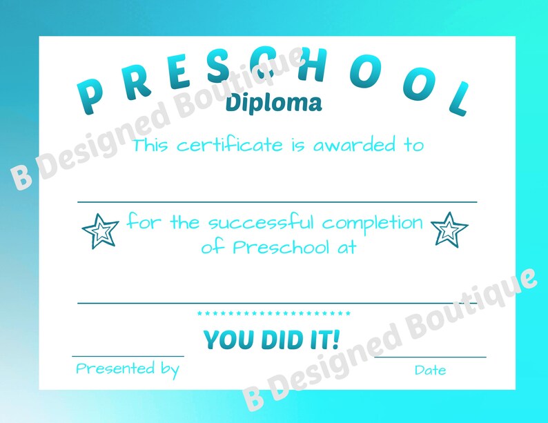 Teal Preschool Graduation Certificate Teacher Printable Border School ...