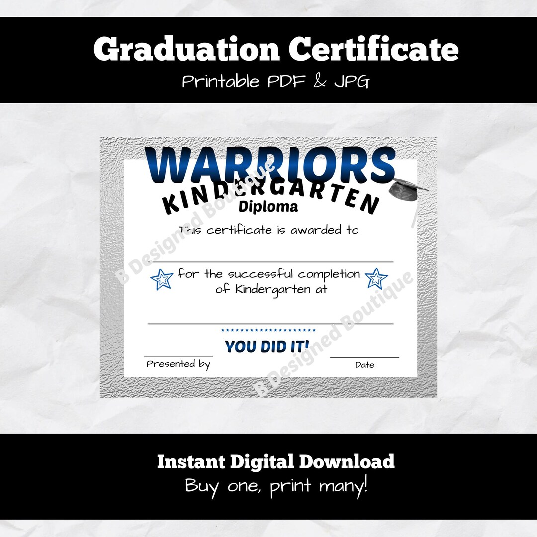 Blue Warriors Kindergarten Graduation Certificate Teacher Printable ...