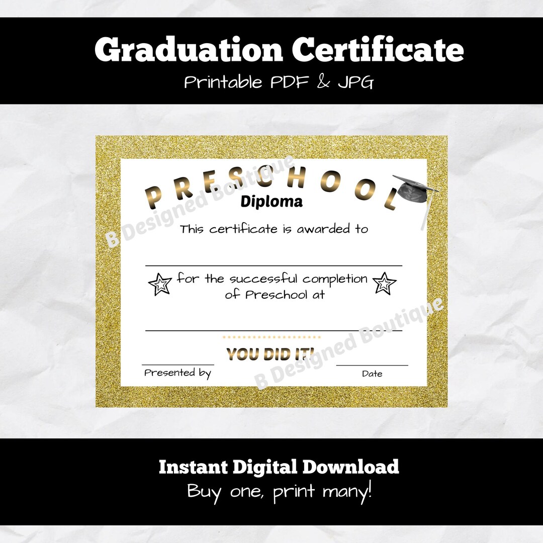 Gold Glitter Preschool Graduation Certificate Teacher Printable Border ...