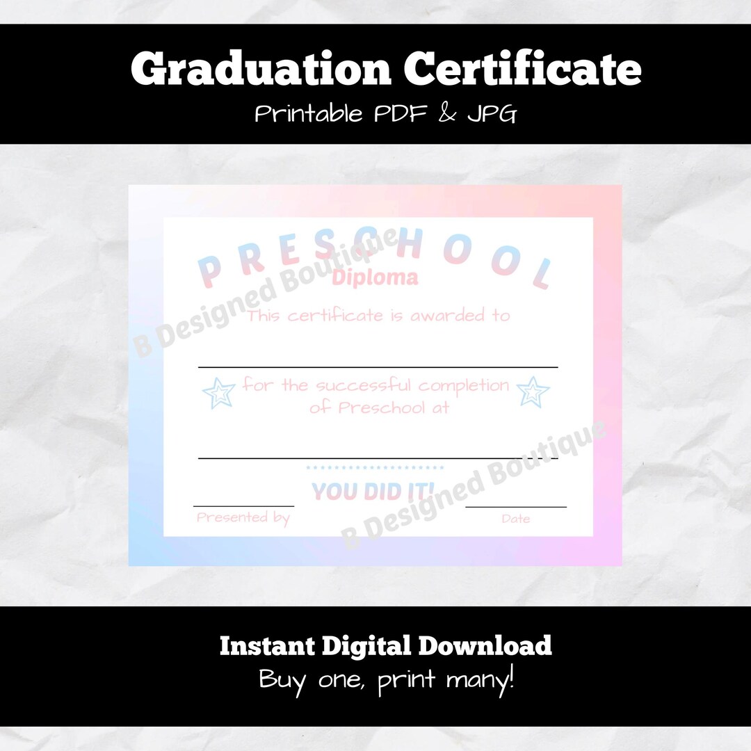 Watercolor Preschool Graduation Certificate Teacher Printable School ...