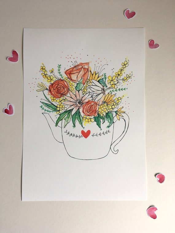 Teapot With Flowers A3 Print | Etsy