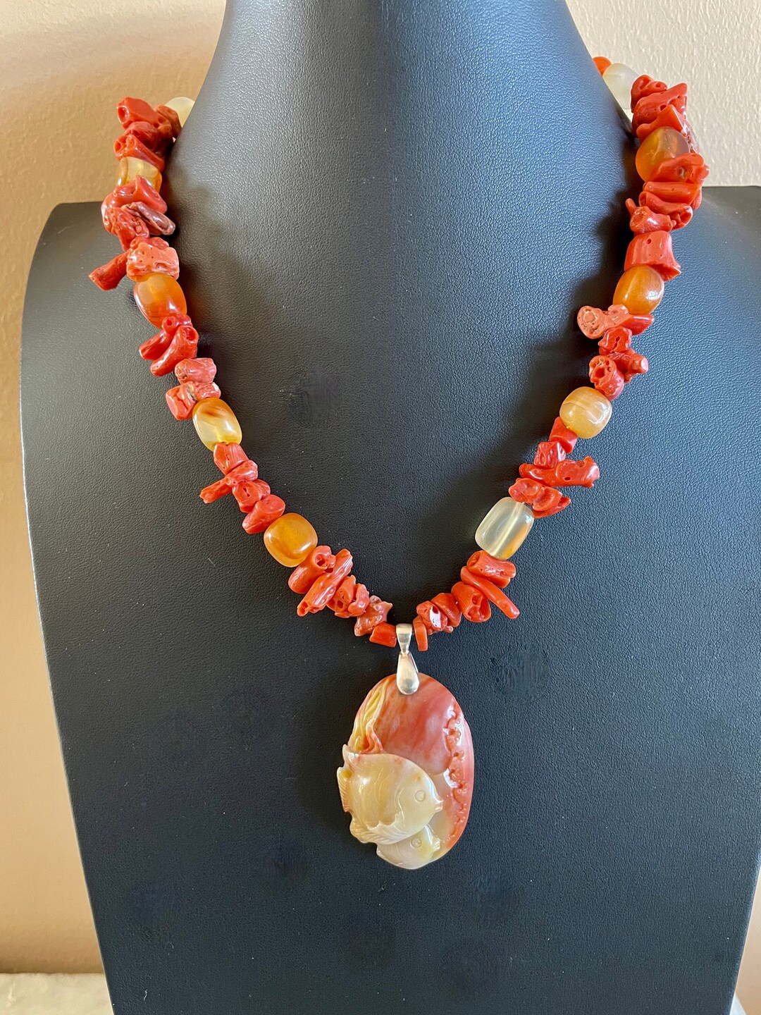 Hand Carved Chalcedony Fish Necklace, Bamboo Coral, Agate, Adjustable ...