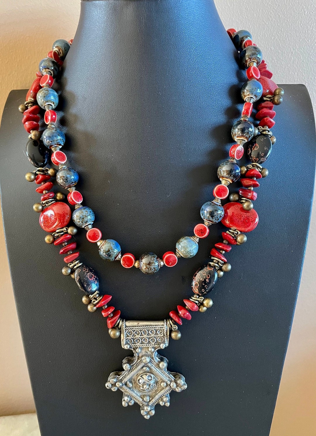 Antique Berber Cross. Double Stranded Necklace of Ceramic, Brass and ...