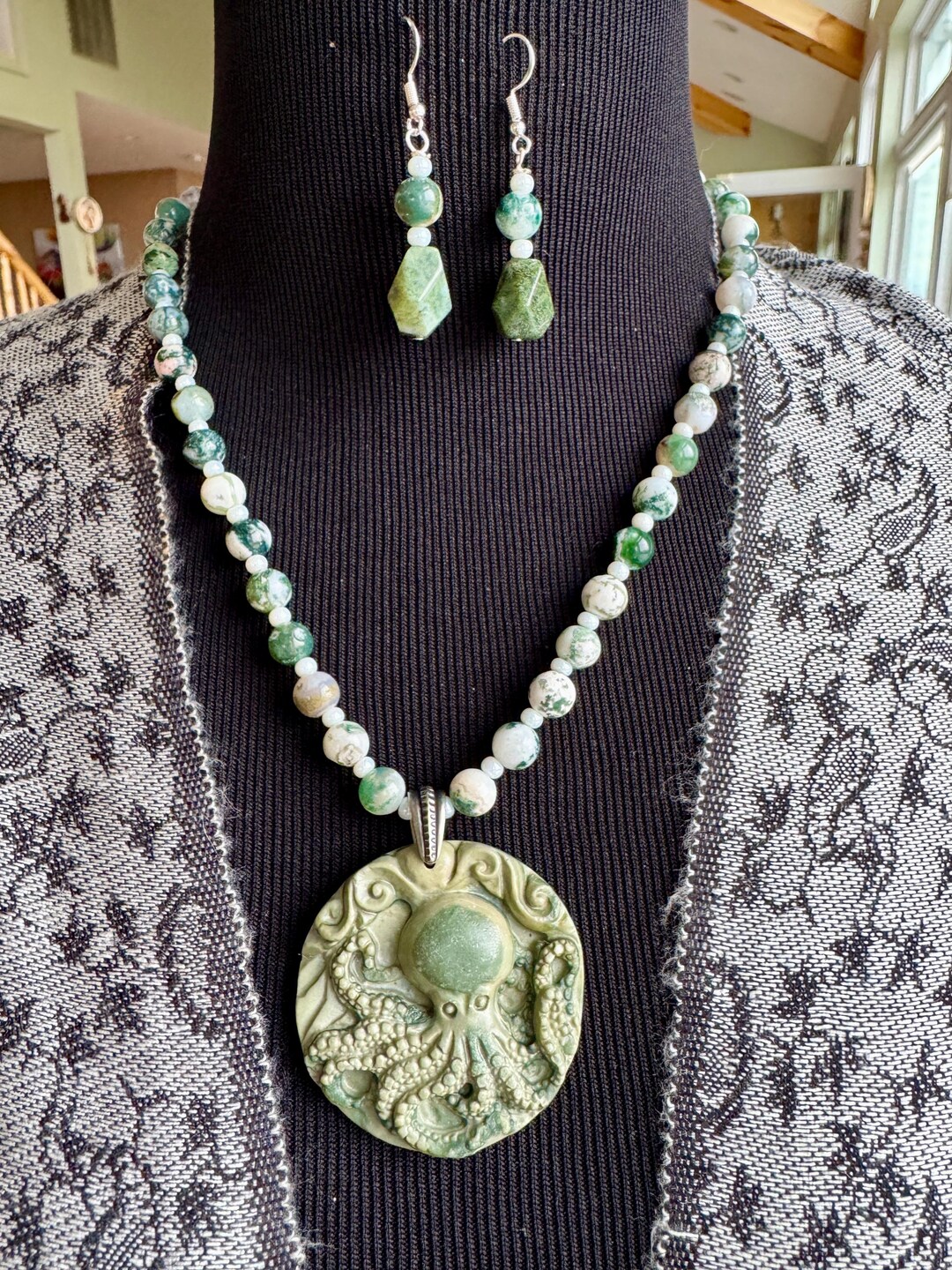 Carved Octopus Necklace: Ribbon Jasper Pendant, Moss Agate Beads - Etsy