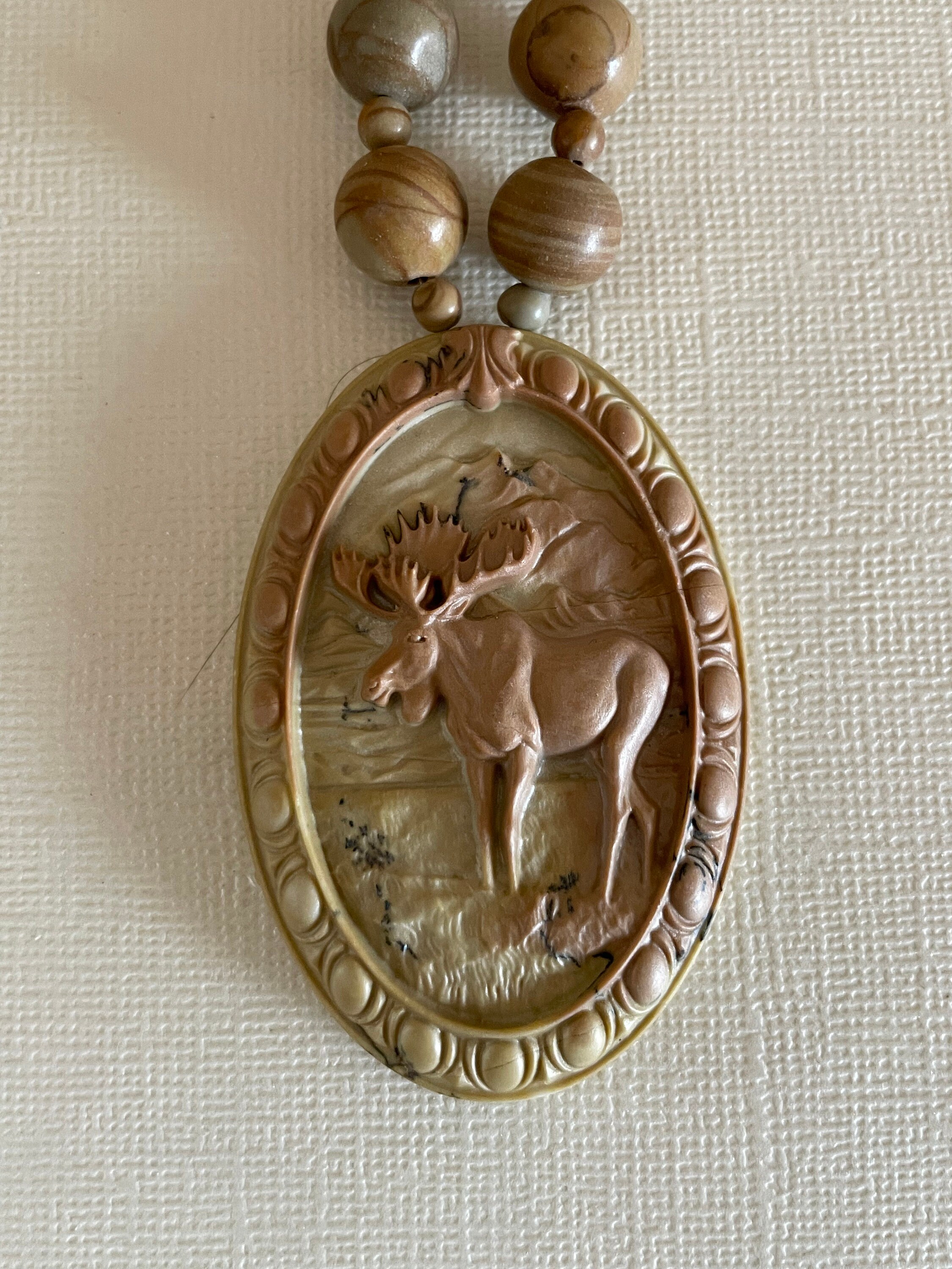 Carved Moose in Natural Ribbon Jasper Cameo, With Picture Jasper Beads ...