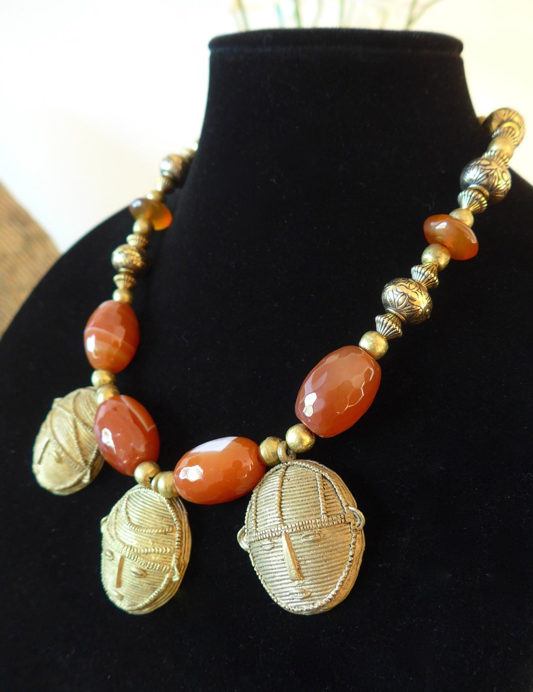 African Mask Triptych With LARGE Carnelian Beads African - Etsy