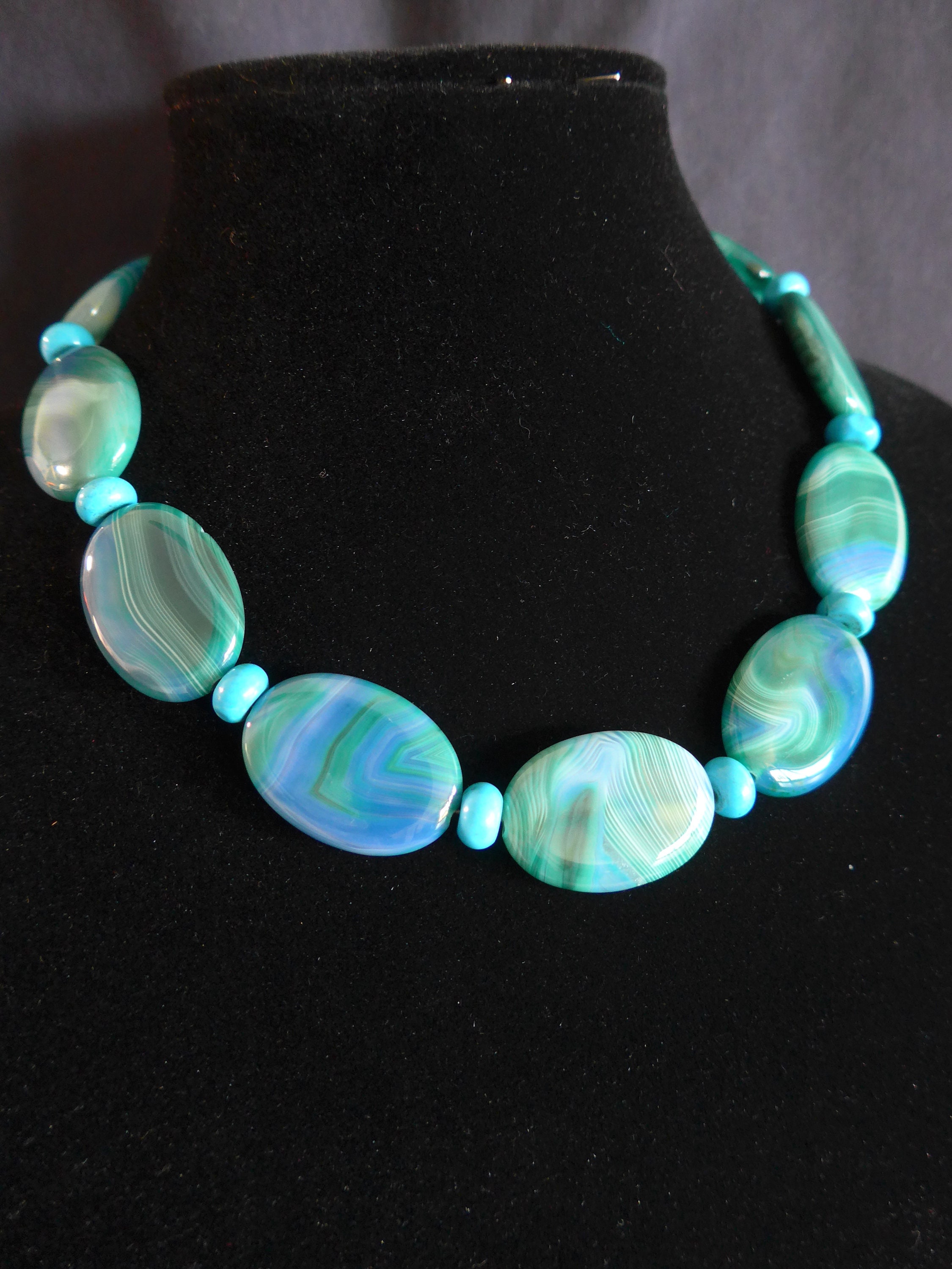 Blue Green Striped Agate Necklace With Coordinating Agate Earrings - Etsy