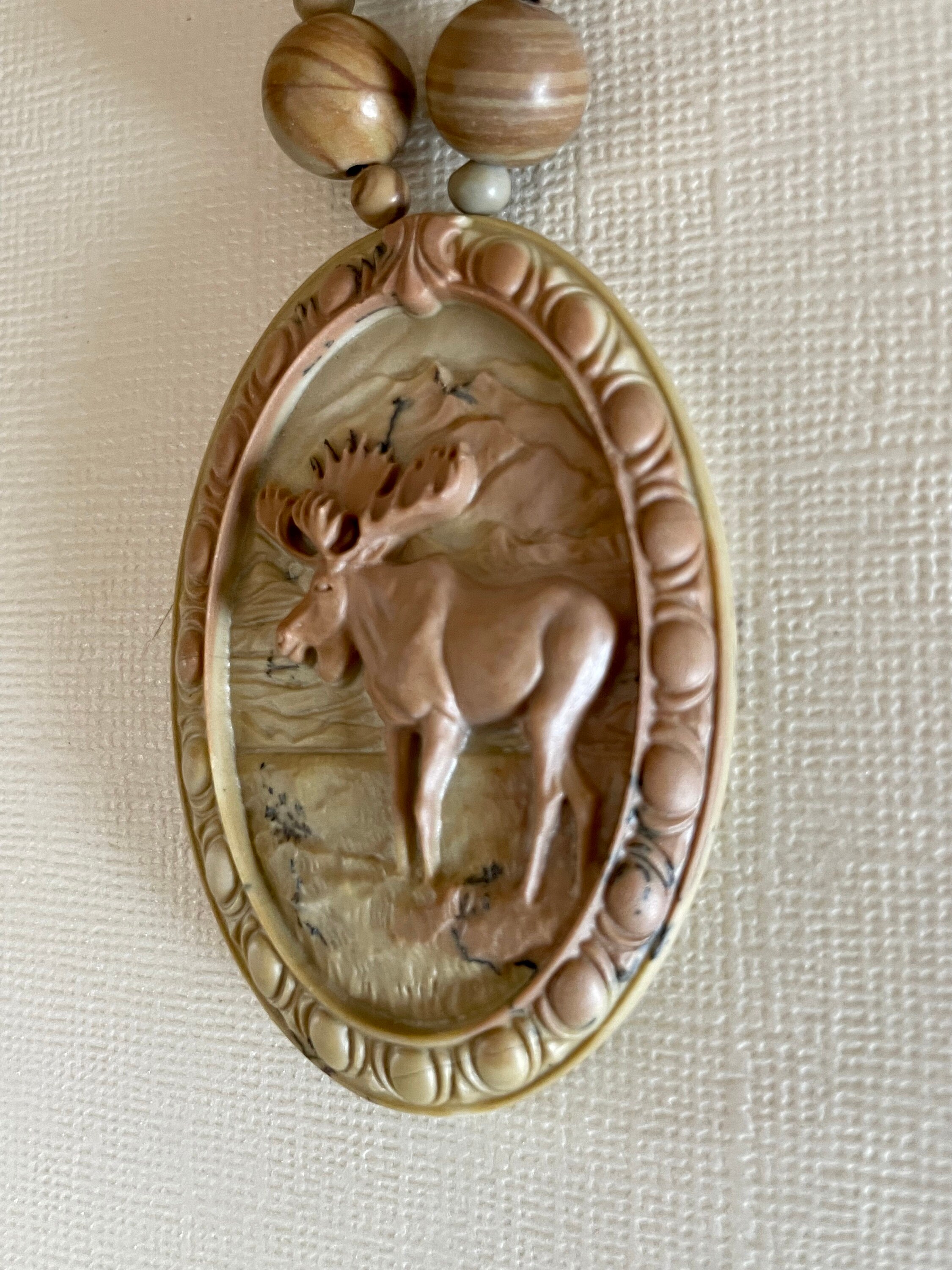 Carved Moose in Natural Ribbon Jasper Cameo, With Picture Jasper Beads ...