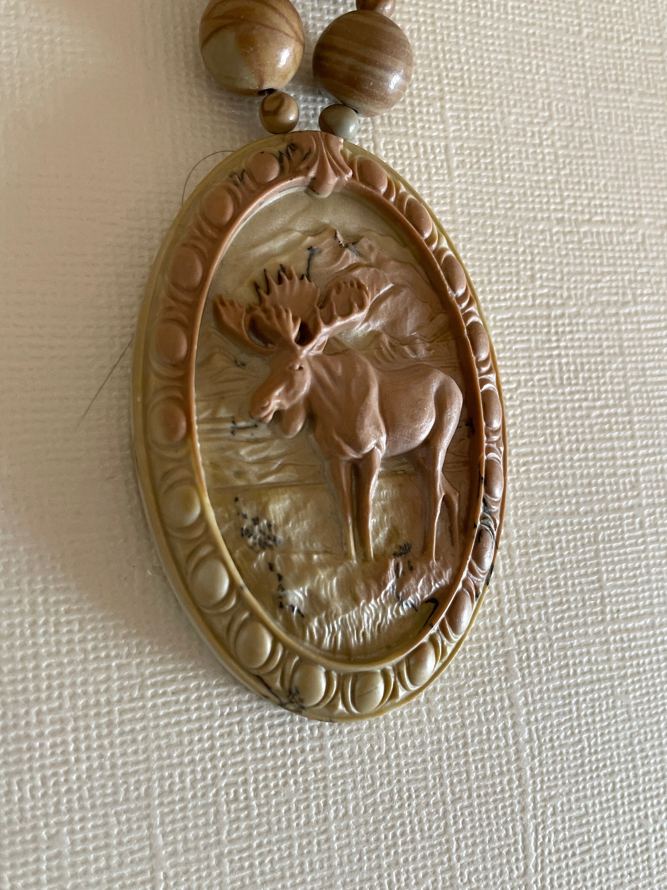 Carved Moose in Natural Ribbon Jasper Cameo, With Picture Jasper Beads ...