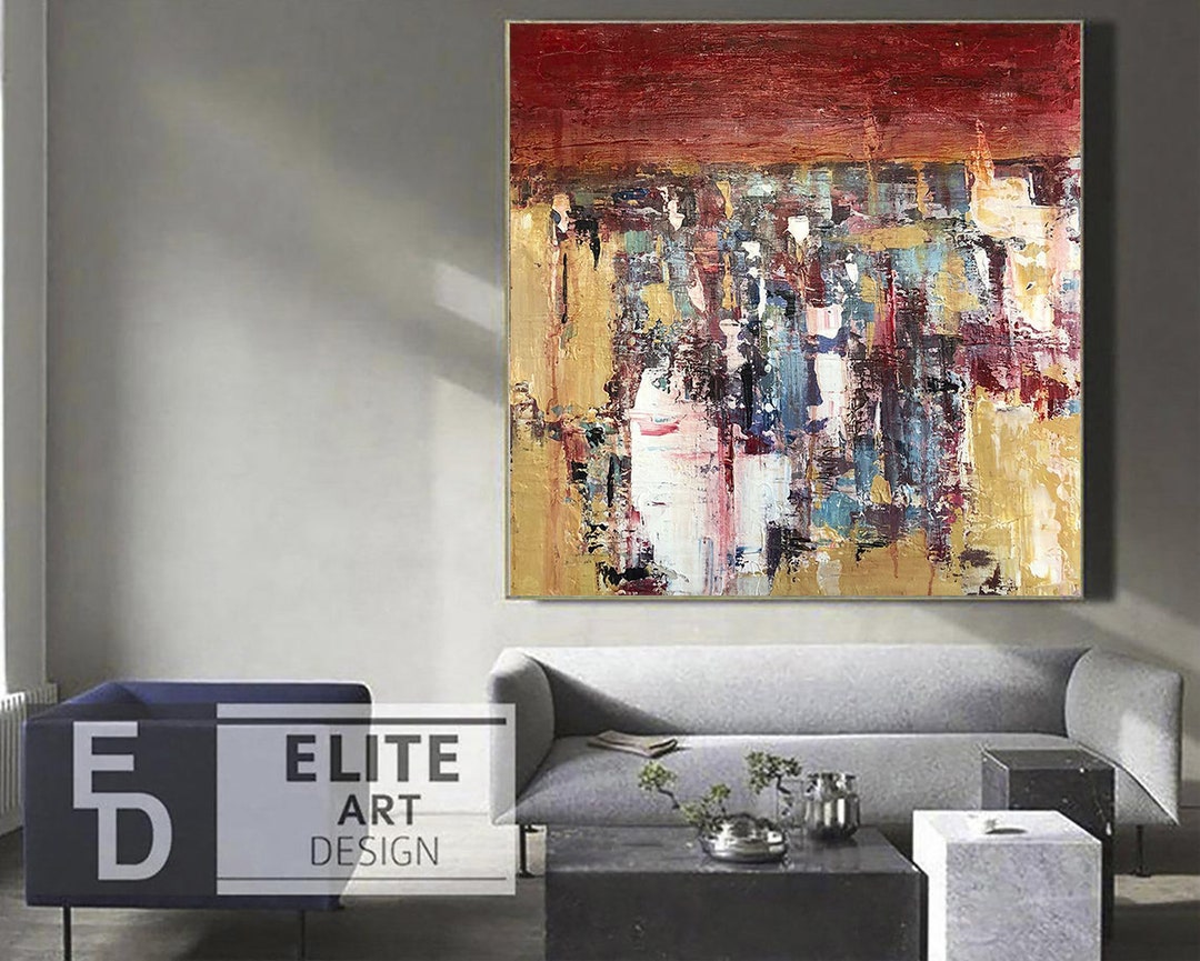 Large Abstract Red Paintings on Canvas Cityscape Textured Artwork Hand ...