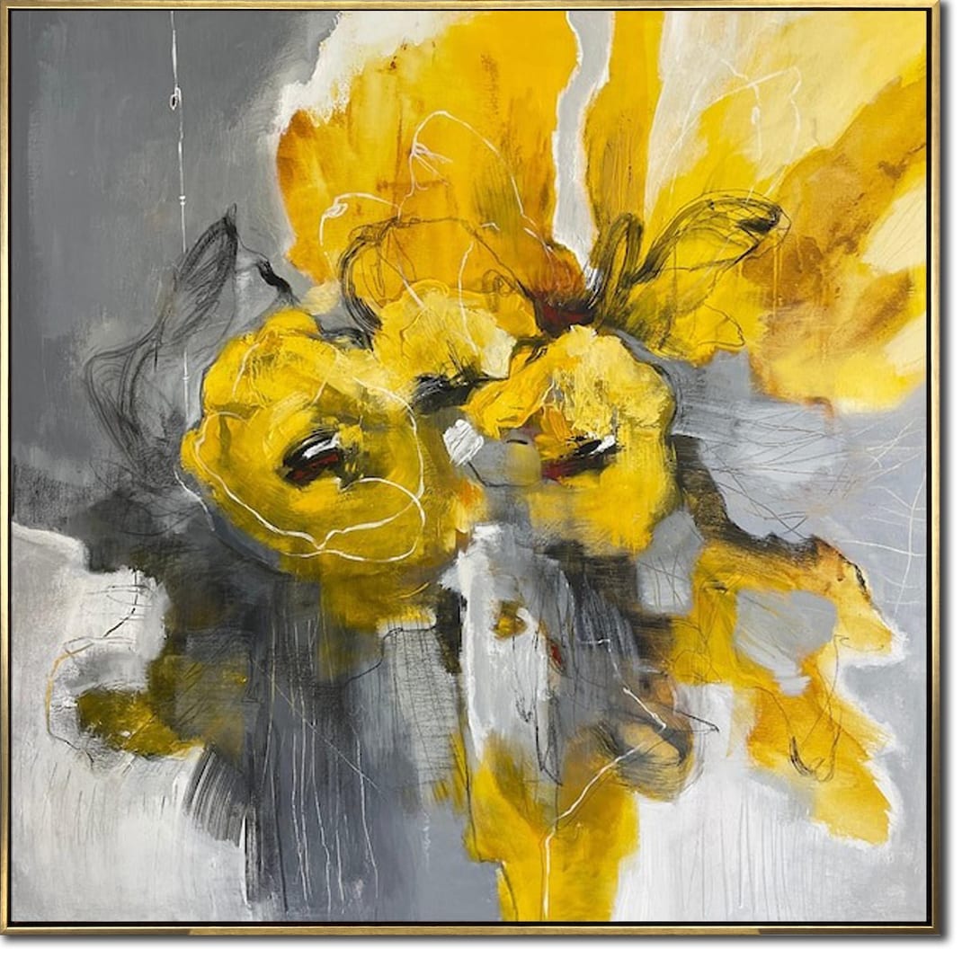 Abstract Yellow Flower Painting Bold Modern Floral Wall Art Expressive ...