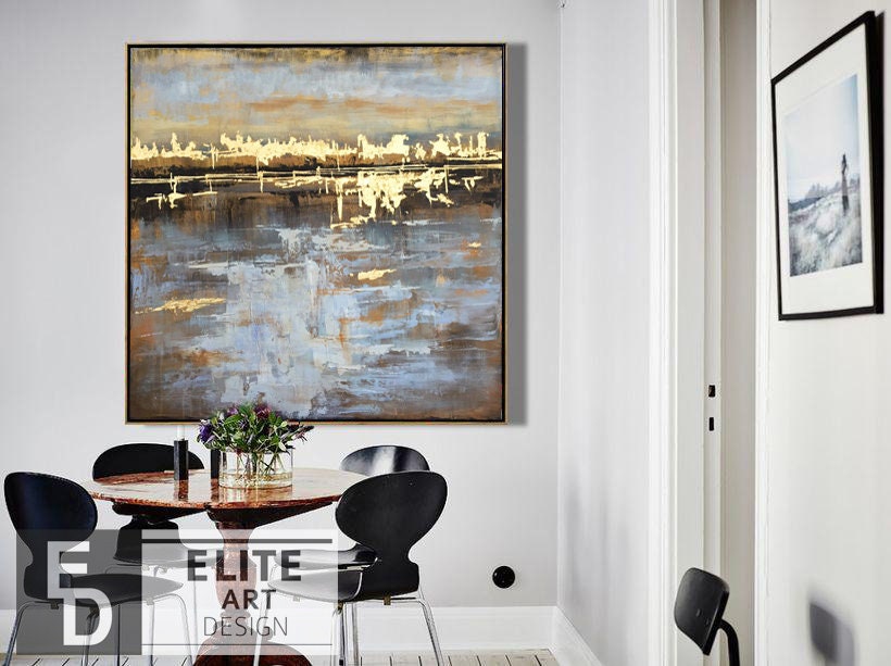 Large Abstract Blue Fine Art Gold Paintings on Canvas Textured - Etsy