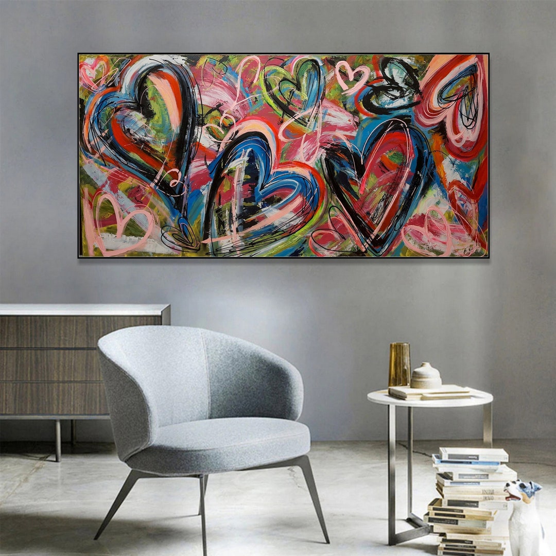 Obra de arte original de corazones, pintura al óleo colorida de estilo ...