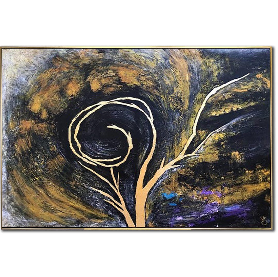 Gold and Black Abstract Tree Painting Textured Spiral Acrylic Artwork ...