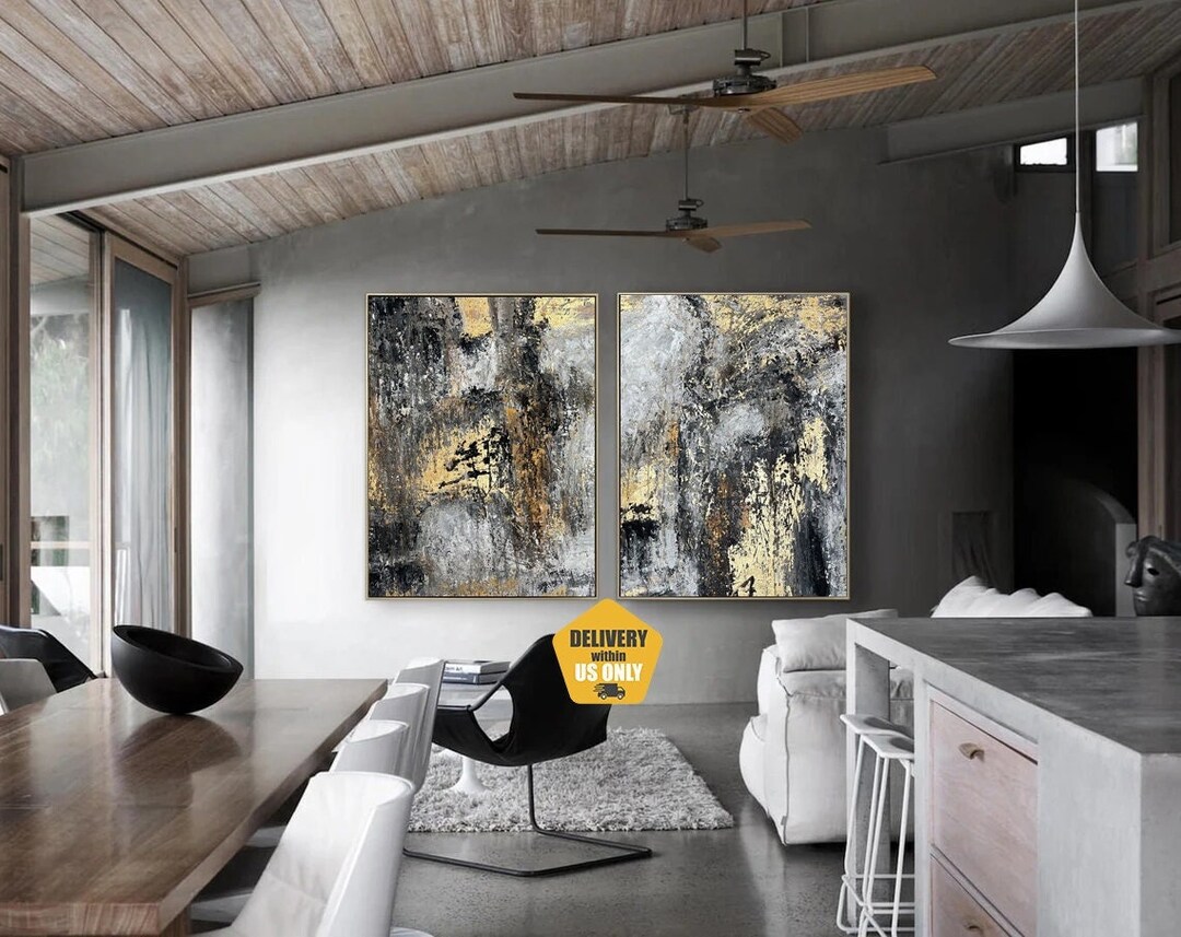 Abstract Diptych Gold and Black Modern Paintings on Canvas Textured Art ...