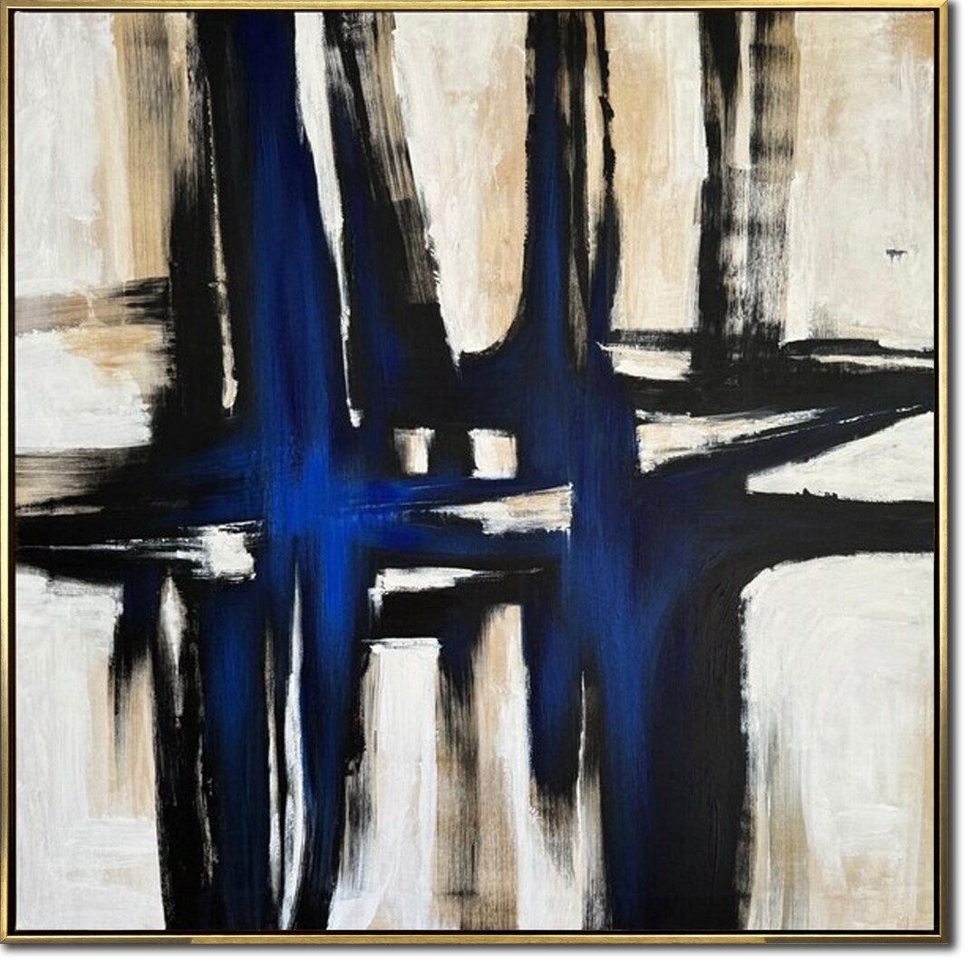 Large Blue and Black Abstract Painting Modern Geometric Wall Art Bold ...